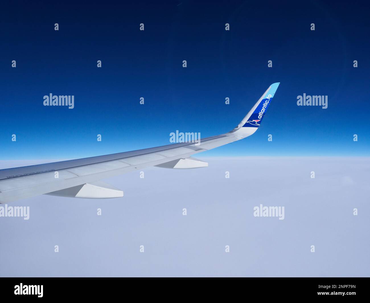 Denmark - Oct 2020: Wing of an Atlantic Airways jet on the background ...