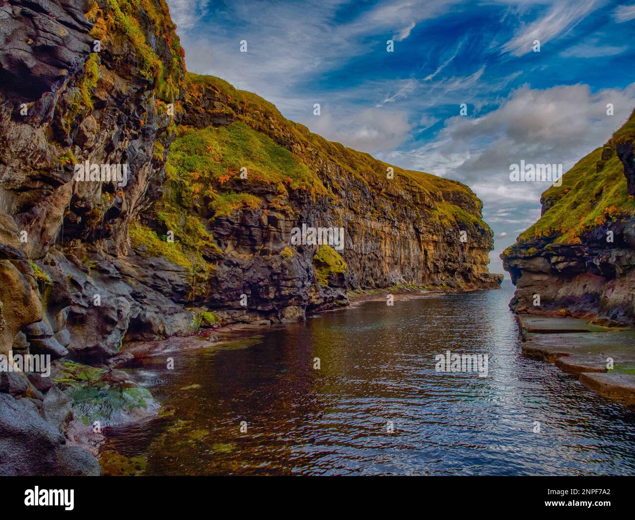Gjógv village. Natural harbour gorge nearby idyllic village Gjogv ...