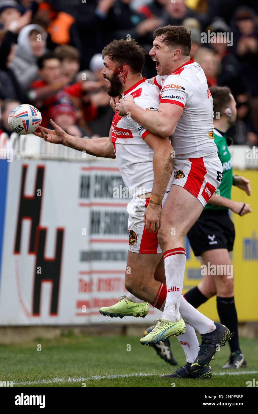Saint Helens Alex Walmsley celebrates his try with Saint Helens Mark ...