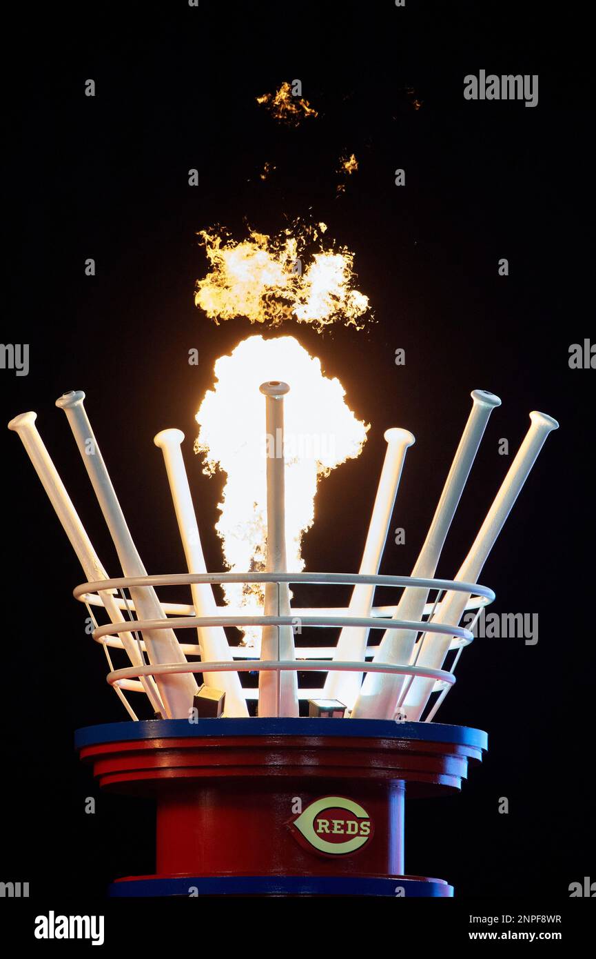 Flames shoot out of a display during the MLB All-Star Game on July 14 ...