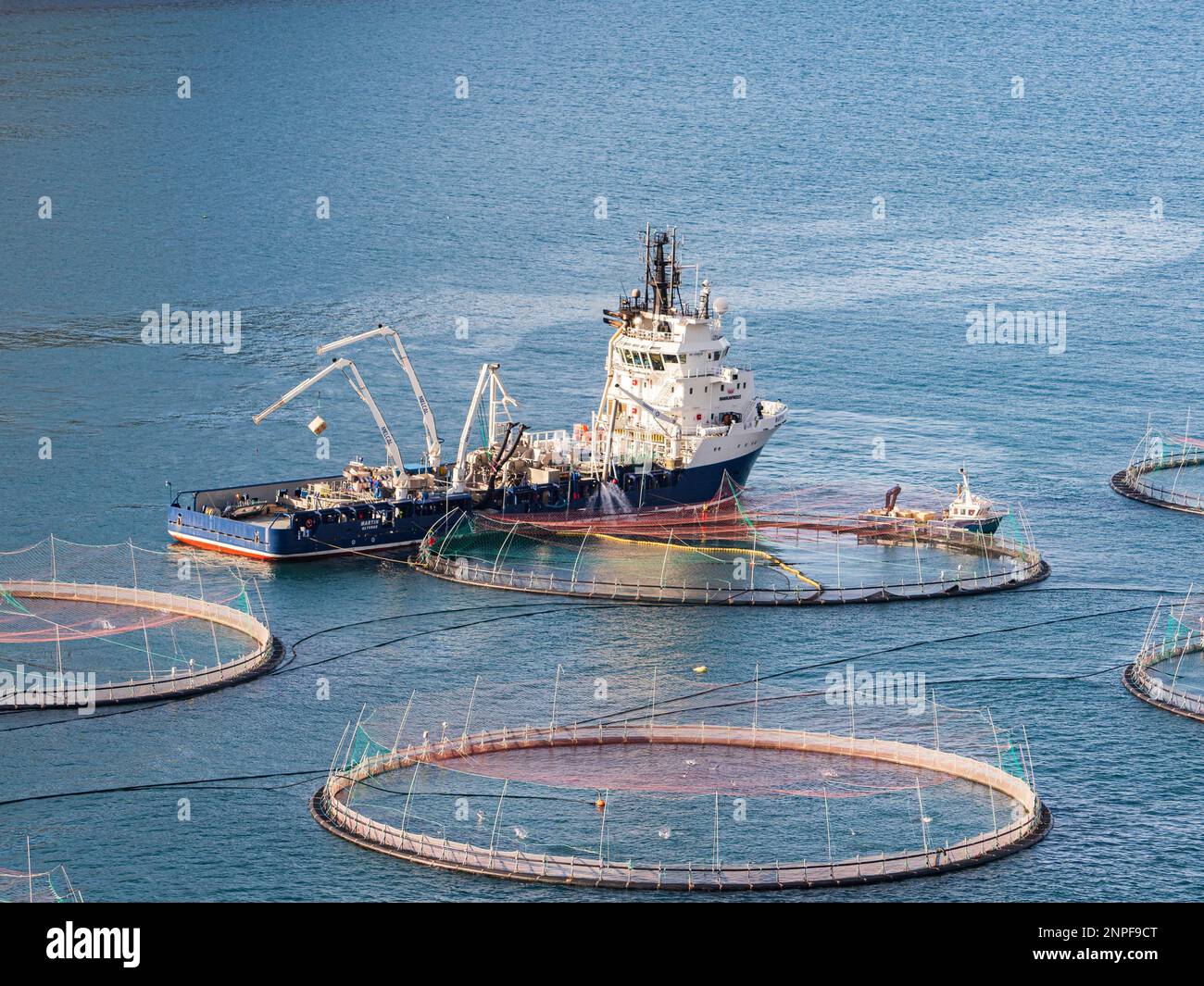 Faroe Islands, Denmark - Sep, 2020: Salmon farm, equipped with a ...