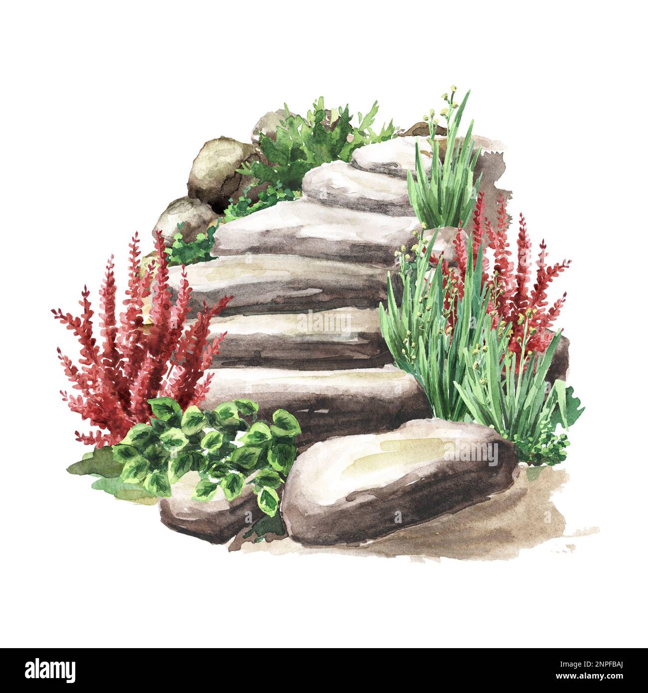 Garden stairs, stone steps. Walking path, Landscape design. Hand drawn ...