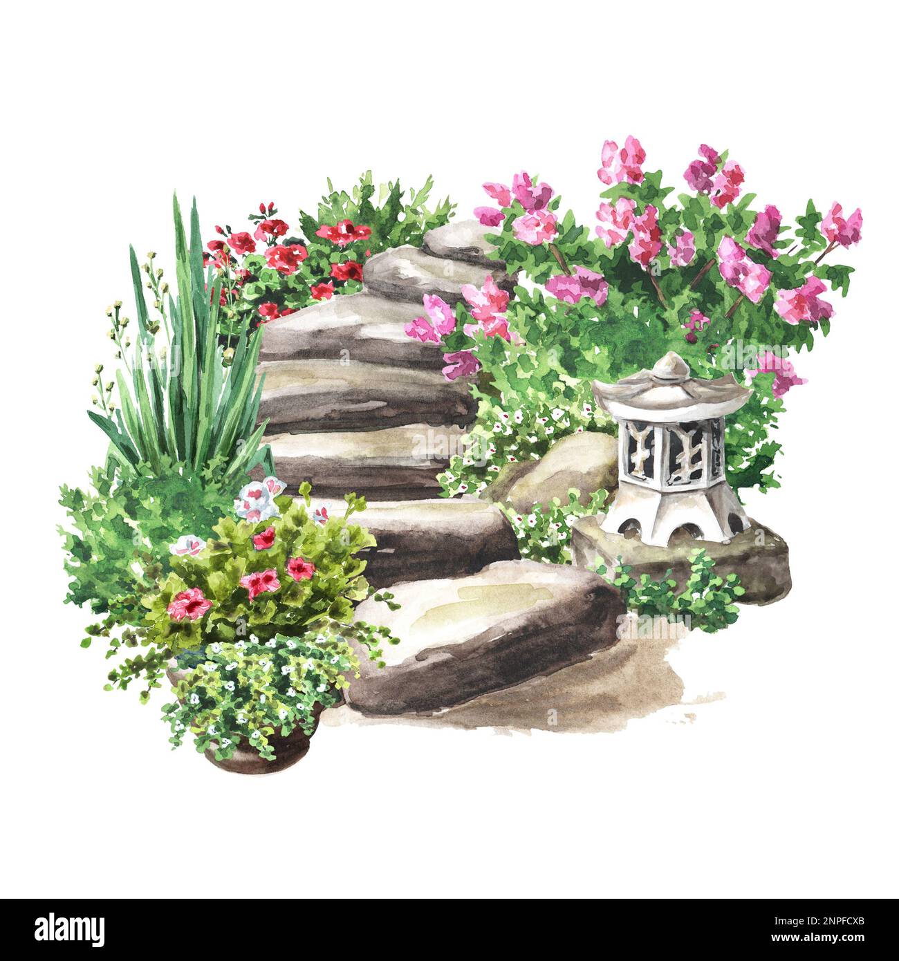 Garden stairs, stone steps. Walking path, Landscape design. Hand drawn ...