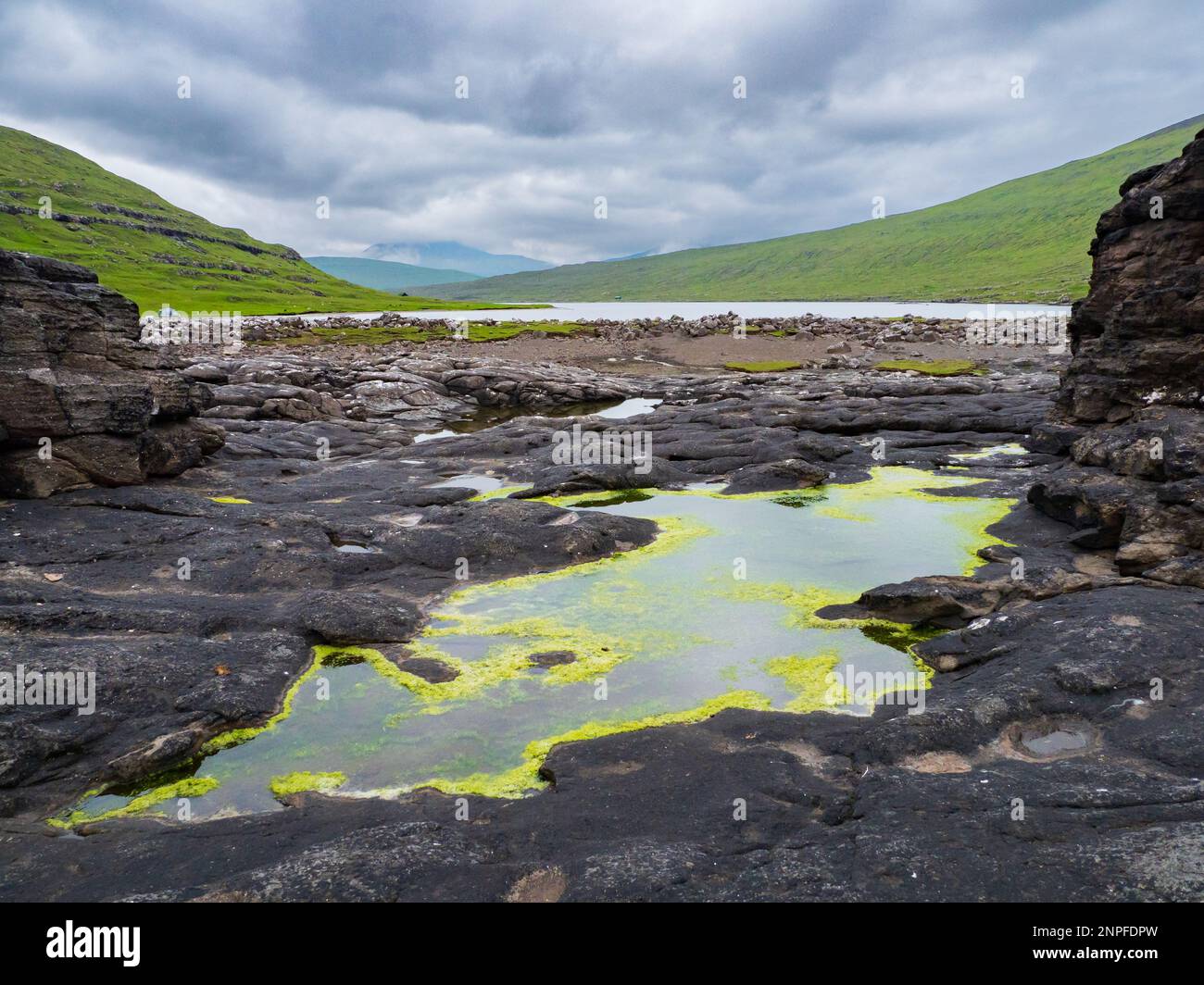 Ocean view of Lake Sørvágsvatn also known as Lake Leitisvatn. The ...