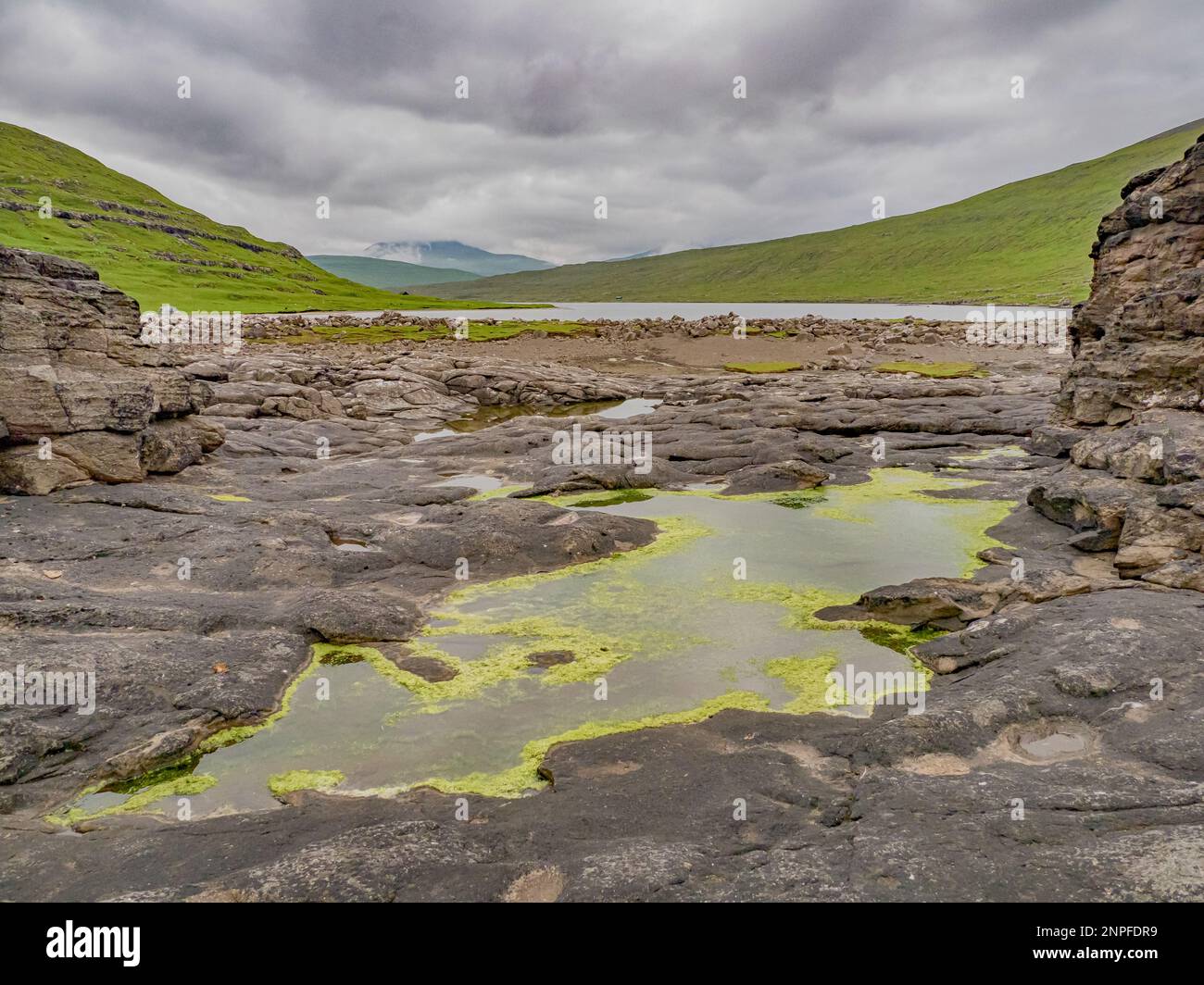 Ocean view of Lake Sørvágsvatn also known as Lake Leitisvatn. The ...