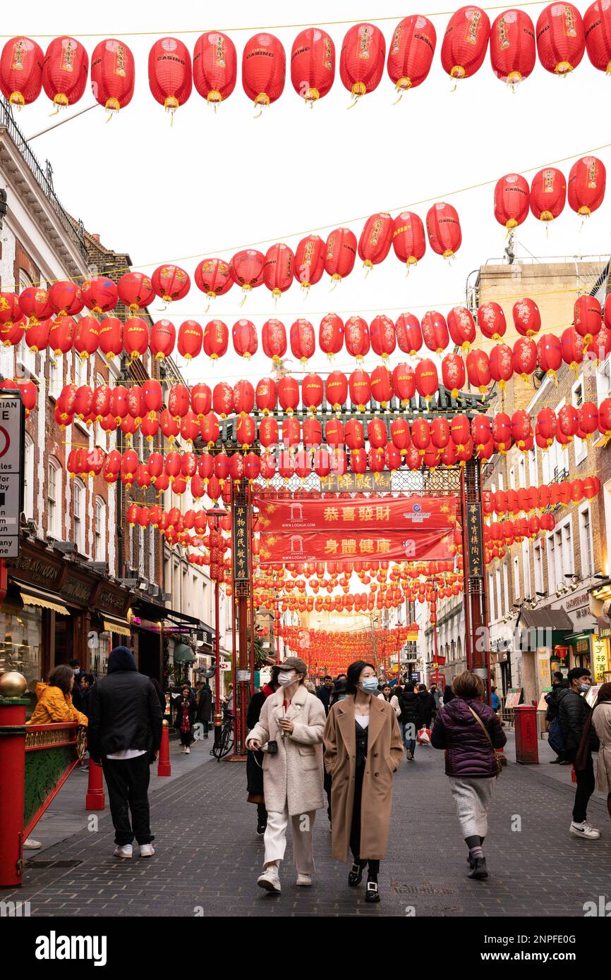 In Chinatown in London, fresh red lanterns are hung from the buildings ...