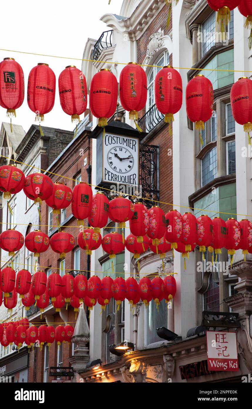 In Chinatown in London, fresh red lanterns are hung from the buildings ...