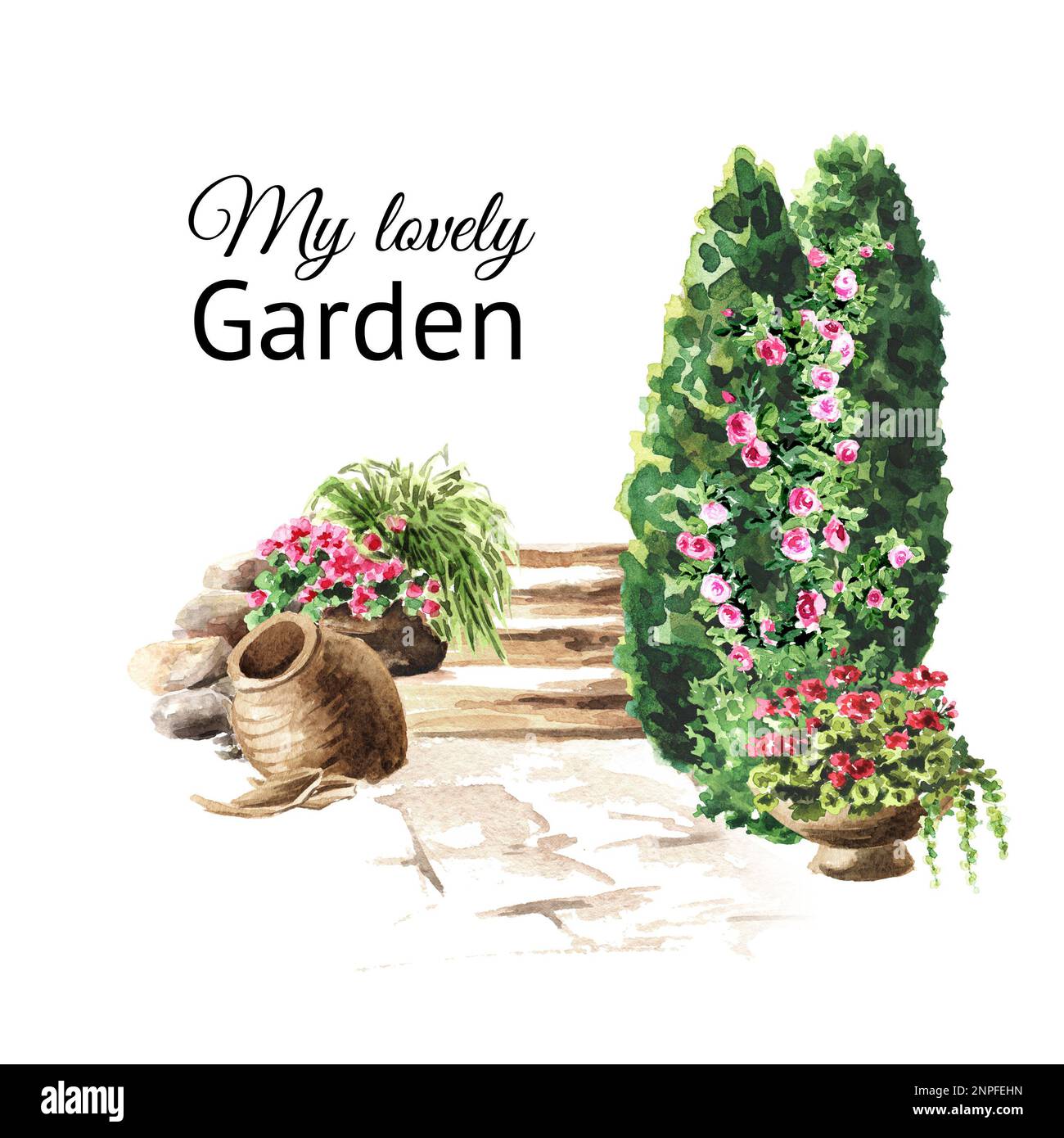 Garden stairs, stone steps. Walking path. Landscape design. Hand drawn ...