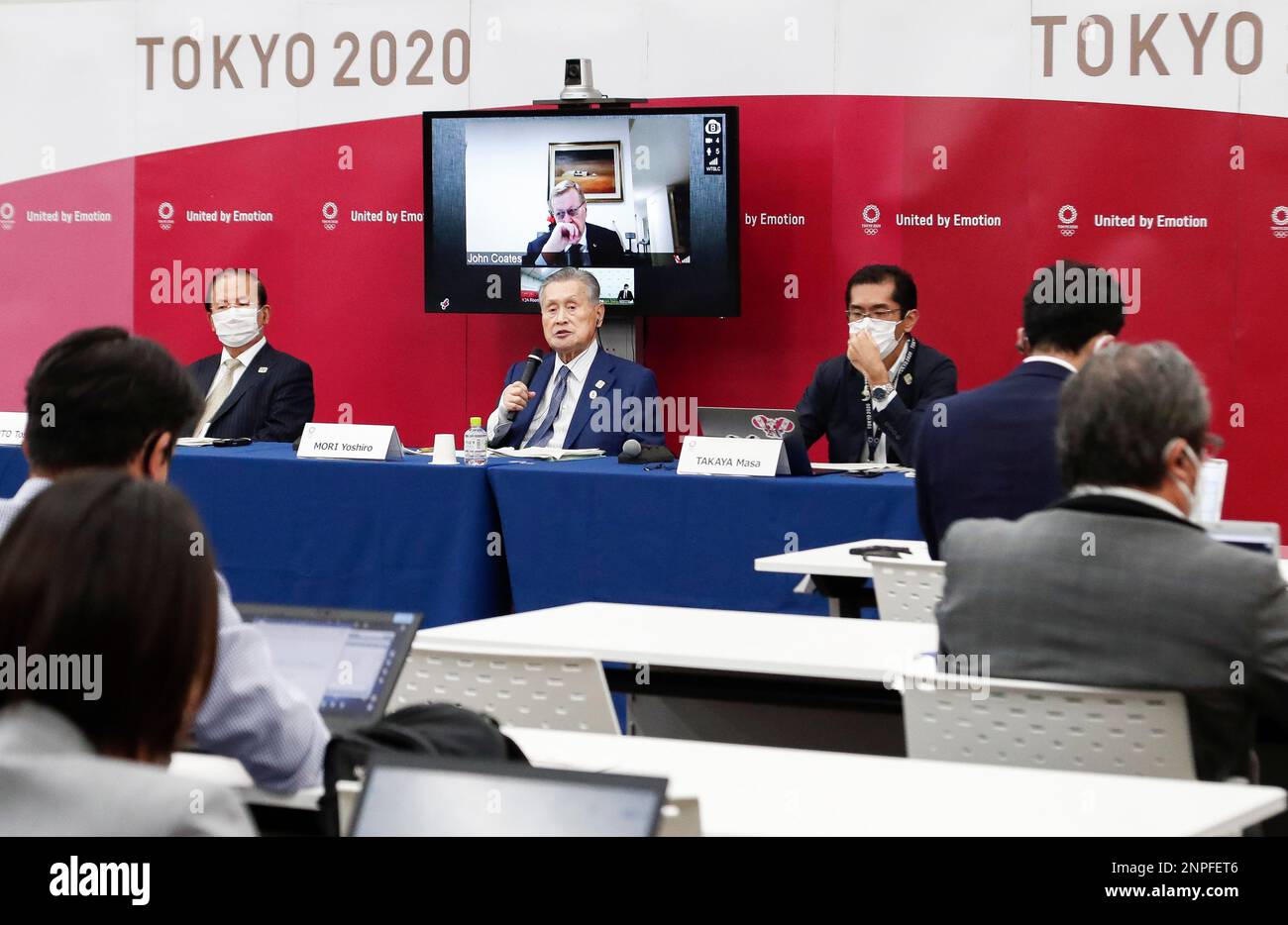 President of Tokyo 2020 Yoshiro Mori attends a joint press conference ...