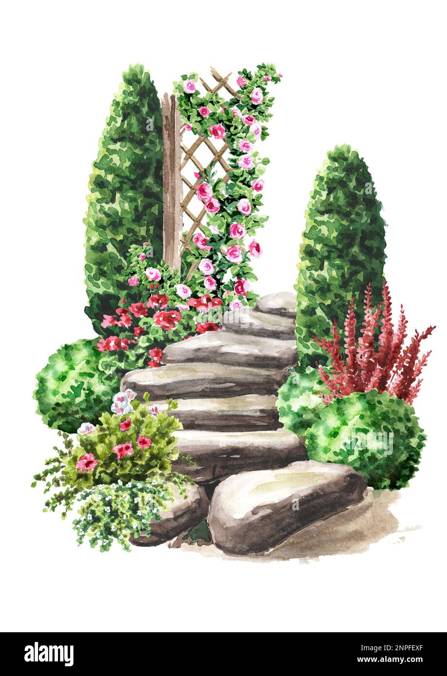 Garden stairs, stone steps. Walking path. Landscape design. Hand drawn ...