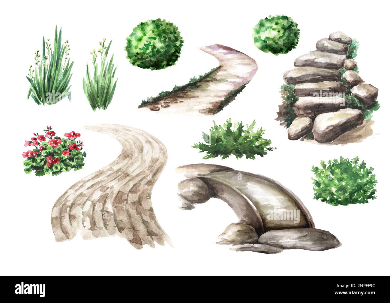 Garden stone steps, Walking path. Landscape design elements set. Hand ...