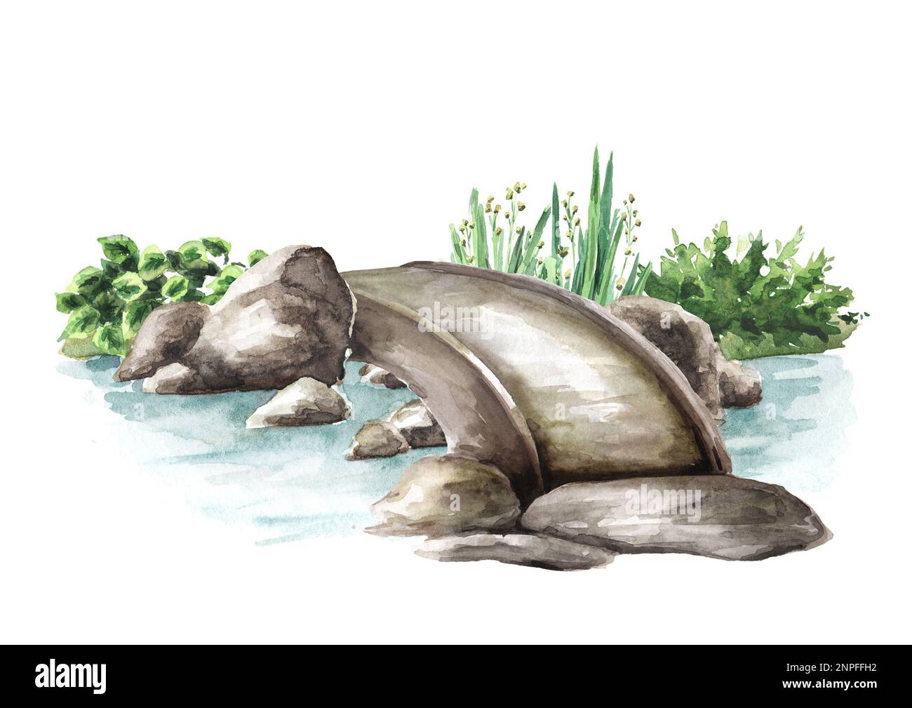 Garden walking path and small stone bridge, Landscape design. Hand ...