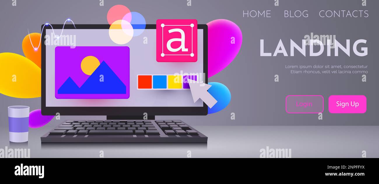 Designer and digital artist concept. Computer with design elements ...