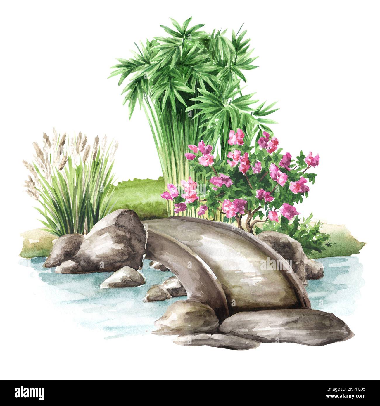 Garden walking path, small stone bridge, Landscape design. Hand drawn ...