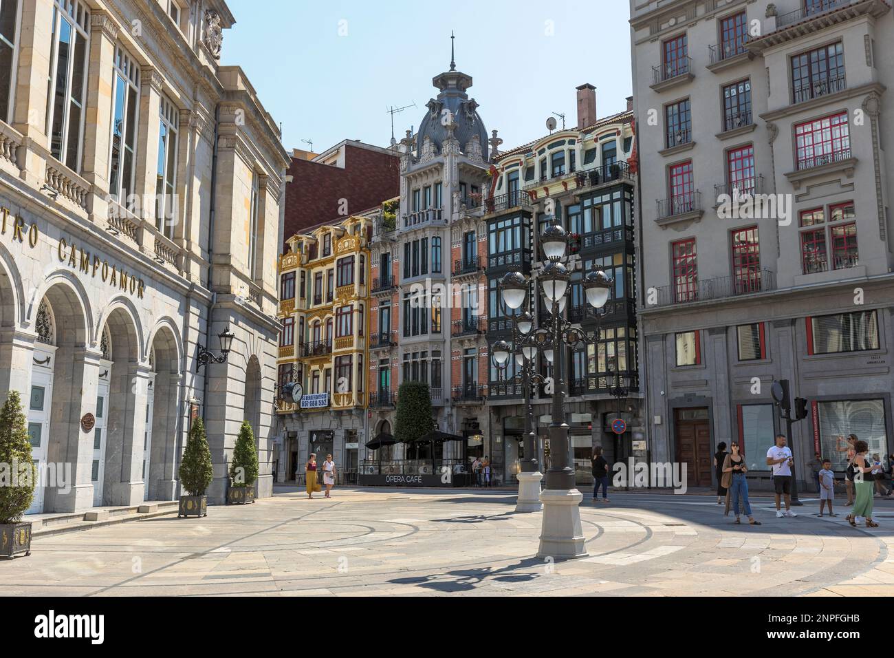 A lively and colorful plaza in the heart of Oviedo, Spain featuring ...