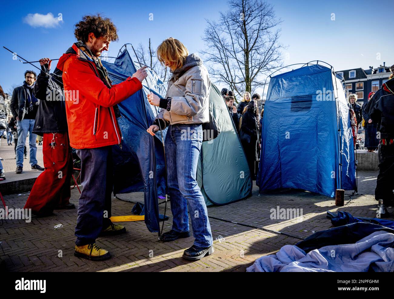 AMSTERDAM - Demonstrators with a tent at the stopera, demonstrating ...