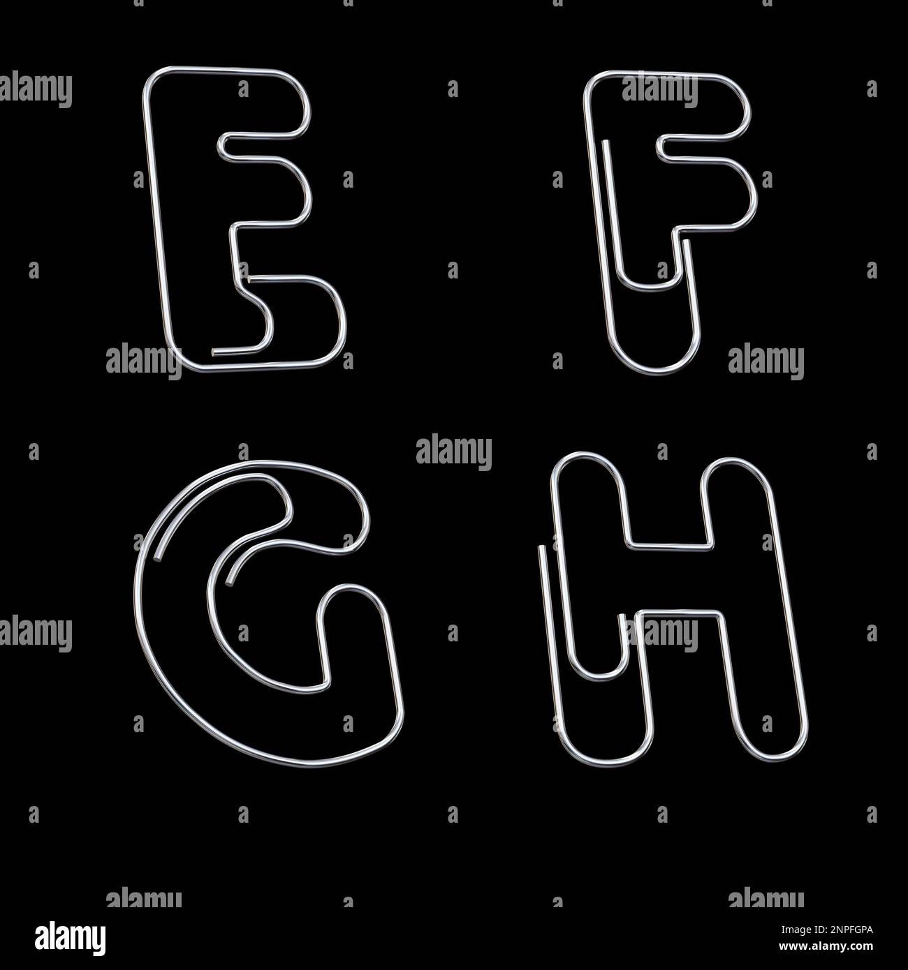 3d rendering of metal paper clip alphabet - letters E-H Stock Photo - Alamy