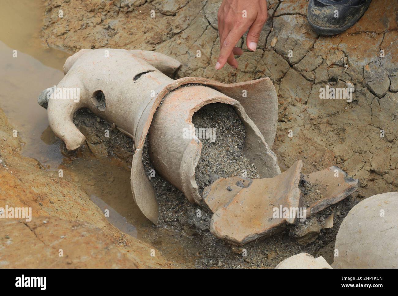 A picture shows a Haniwa, literally clay image, that was excavated from ...