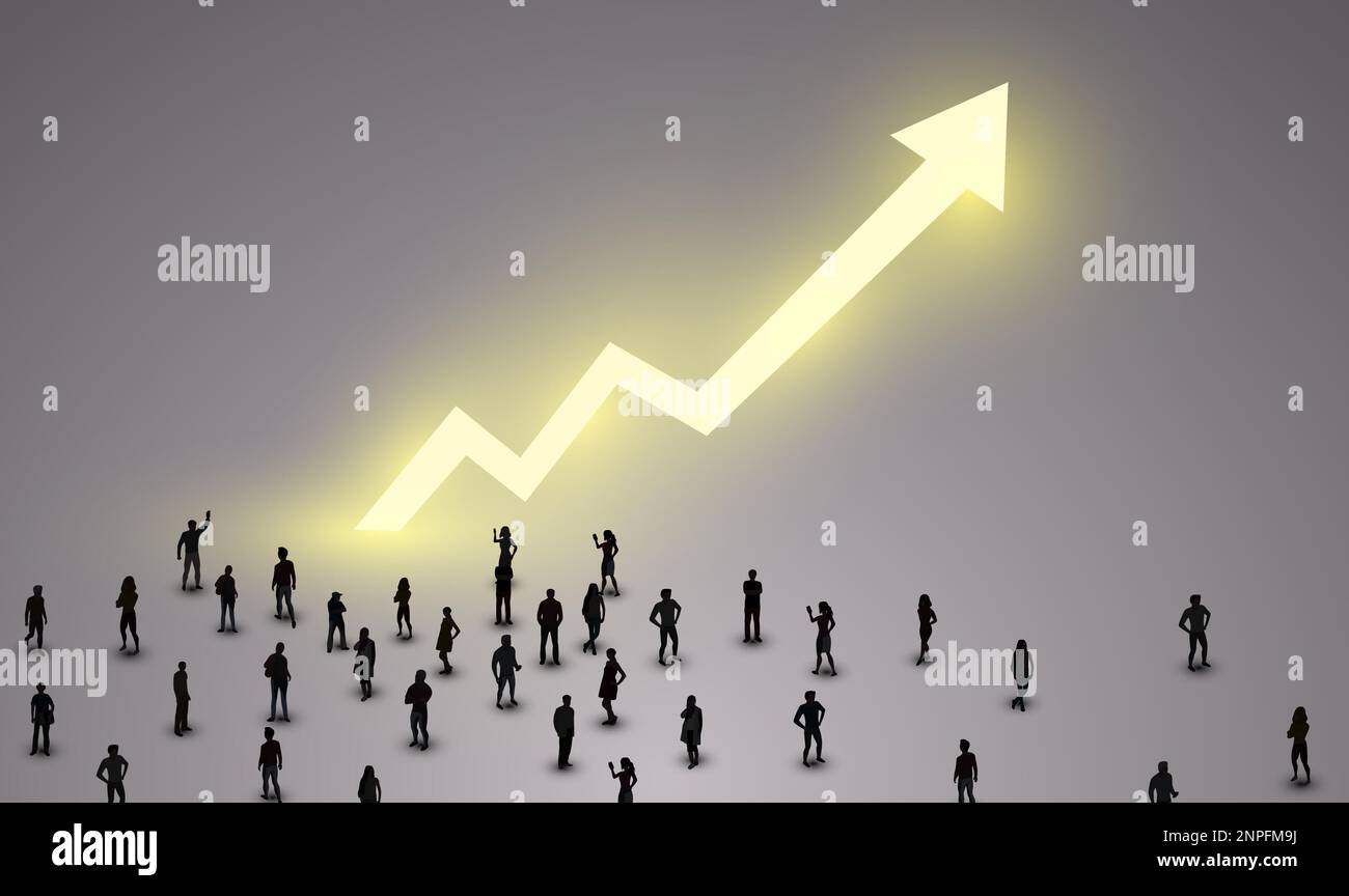 Large group of people stand in front of a glowing arrow. Concept of ...