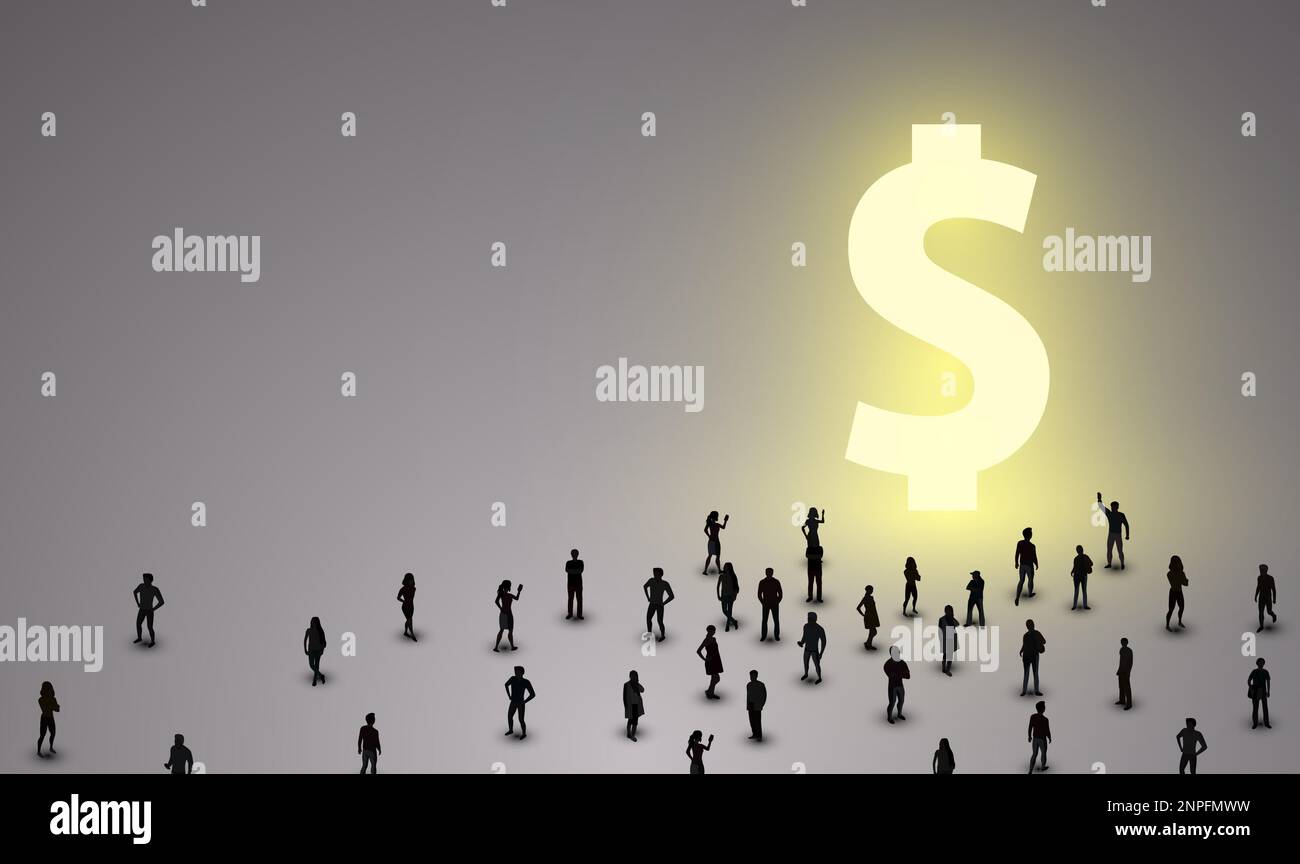 Large group of people stand in front of a glowing dollar sign. Concept ...