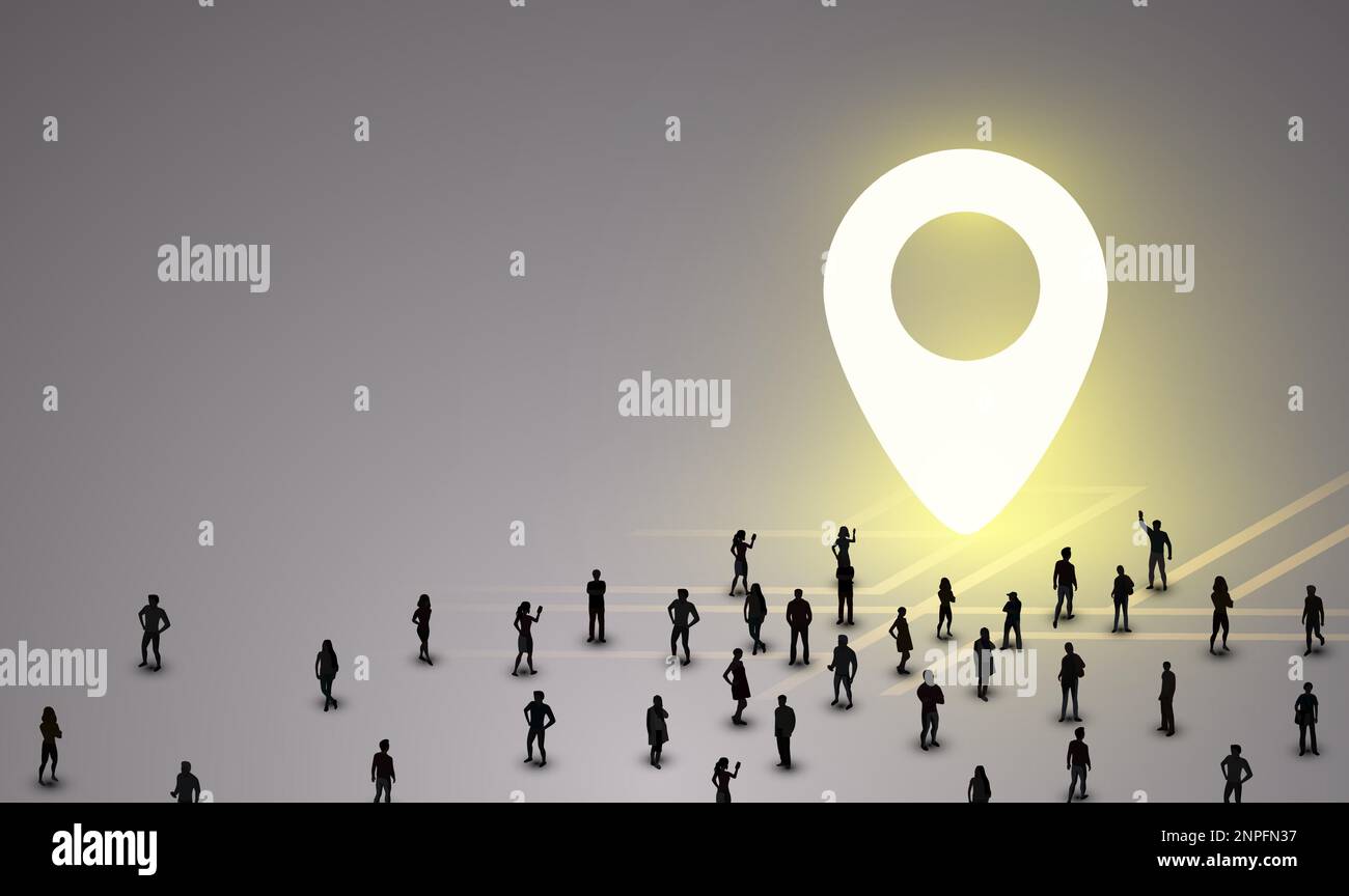 Large group of people stand in front of a glowing map marker. Concept ...