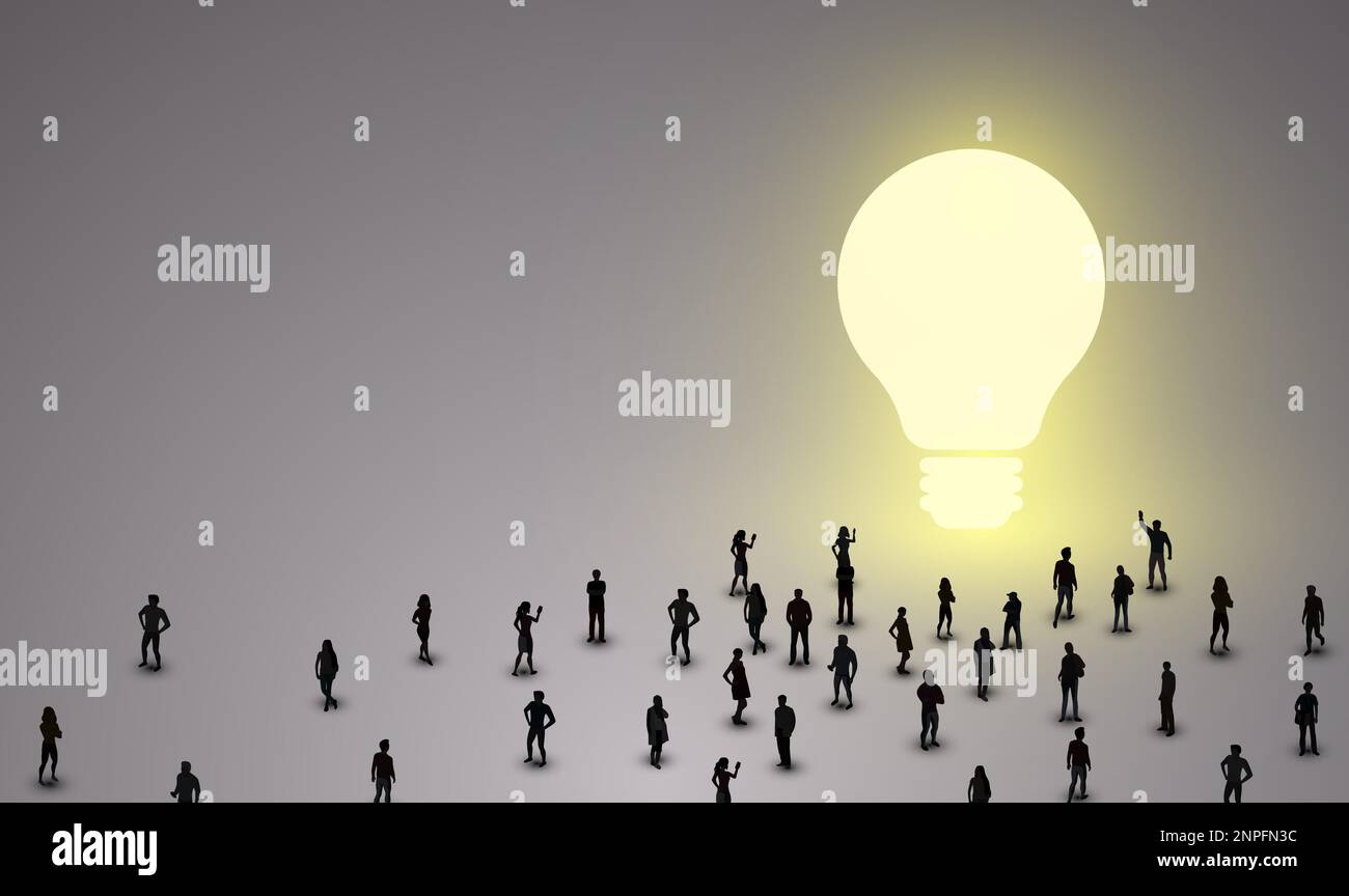 Large group of people stand in front of a glowing bulb sign. Concept of ...