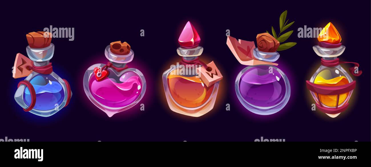 Potion bottles with magic elixir, cartoon glass flasks with colorful ...