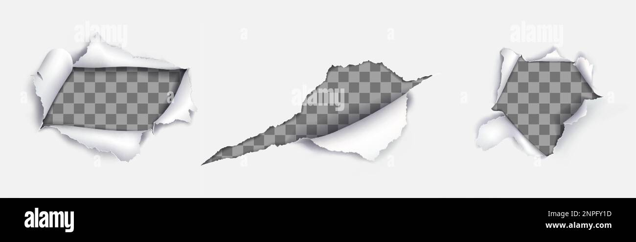 Torn paper, rip holes in white sheet isolated on transparent background ...