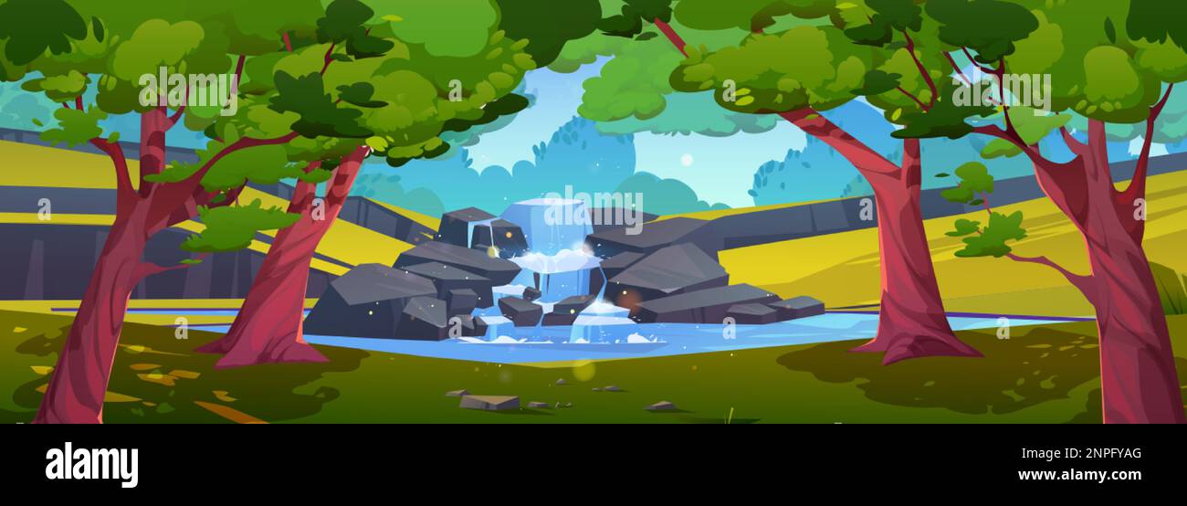 Summer forest landscape with waterfall. Vector cartoon illustration of ...