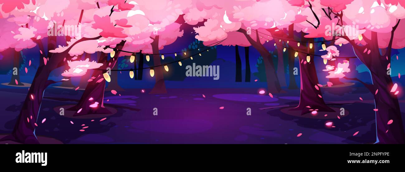 Japanese cherry garden with sakura blossom at night. Spring park ...