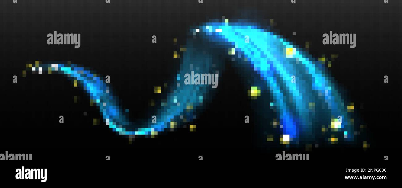 Magic light effect, blue air wave or wind flow with golden stars. Glow ...
