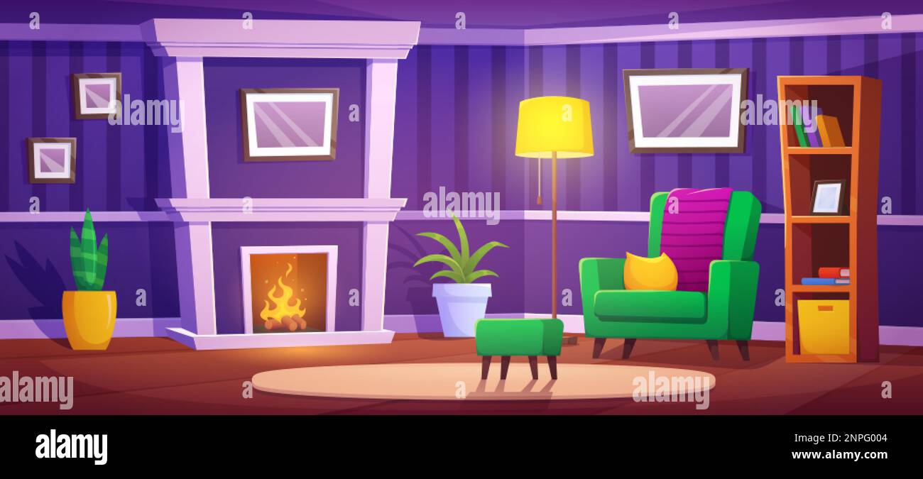 Living room with burning fireplace. Vector cartoon illustration of ...