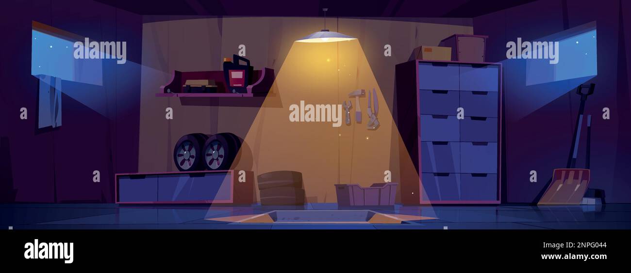 Cartoon garage interior design at night. Vector illustration of dark ...