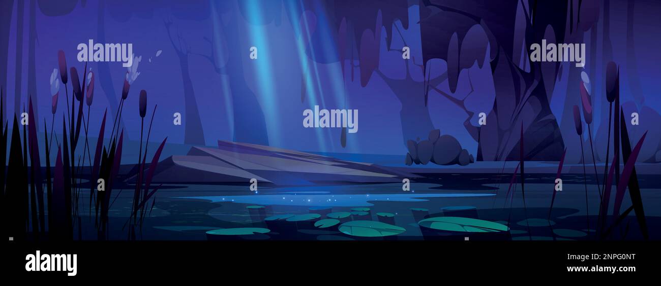 Cartoon pond with cattails at night. Vector illustration of fantasy ...