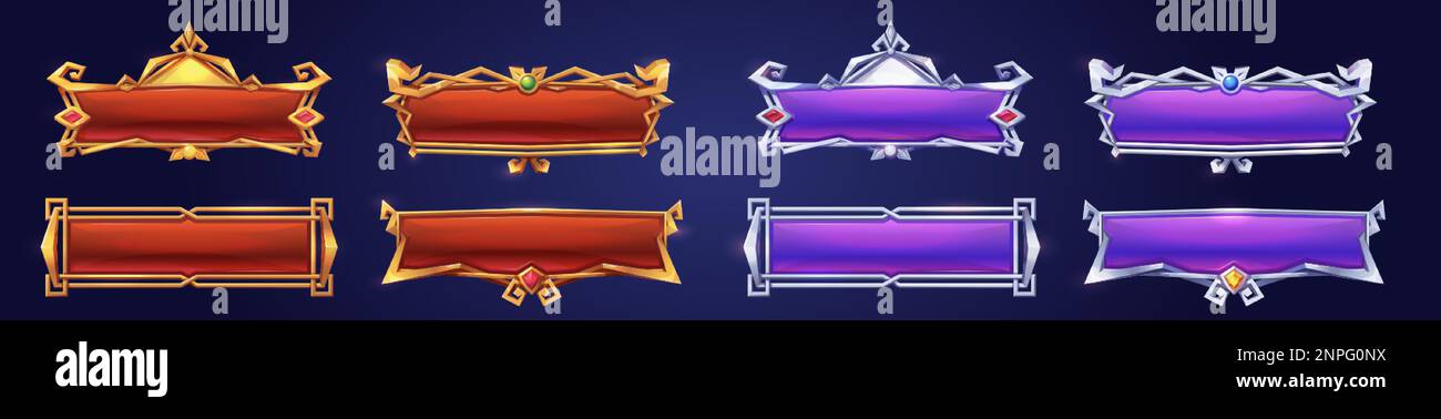 Medieval buttons, ui game menu elements, oblong banners and gold silver ...