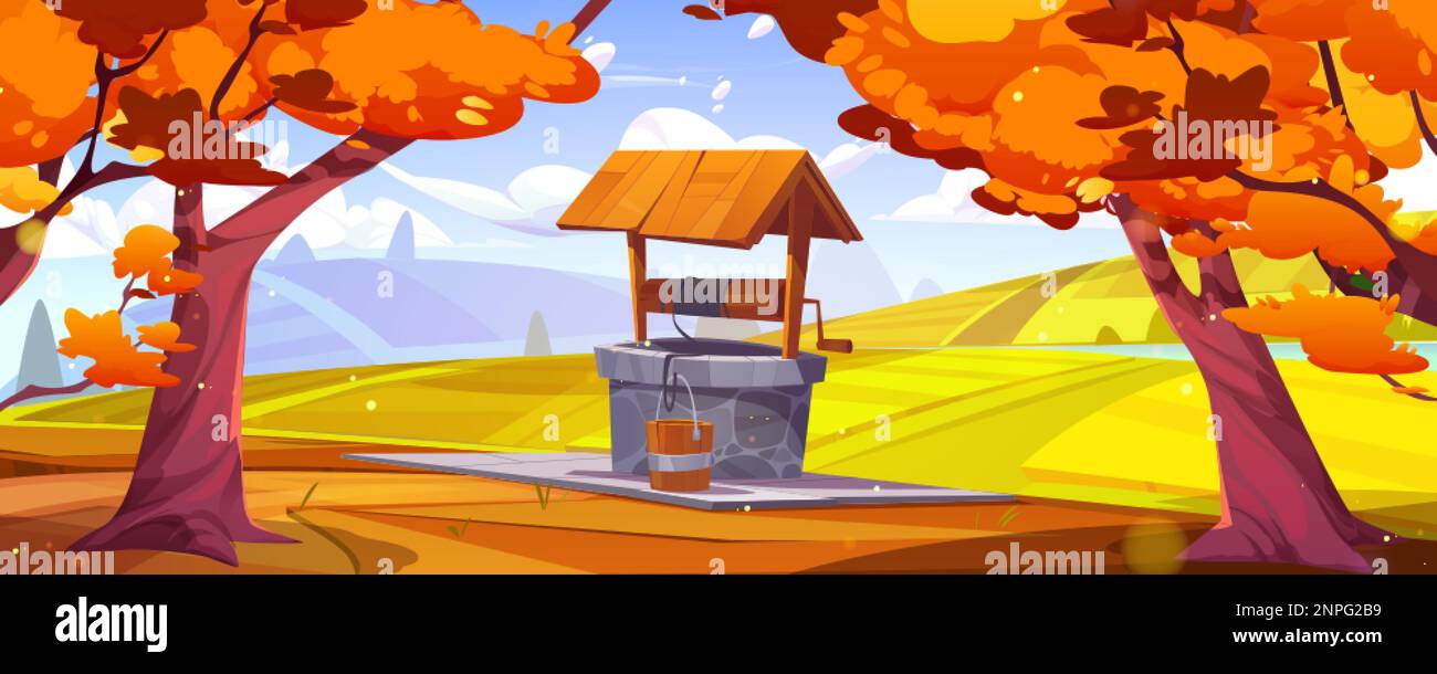 Autumn sunny landscape with water well, trees and fields. Rustic scene ...