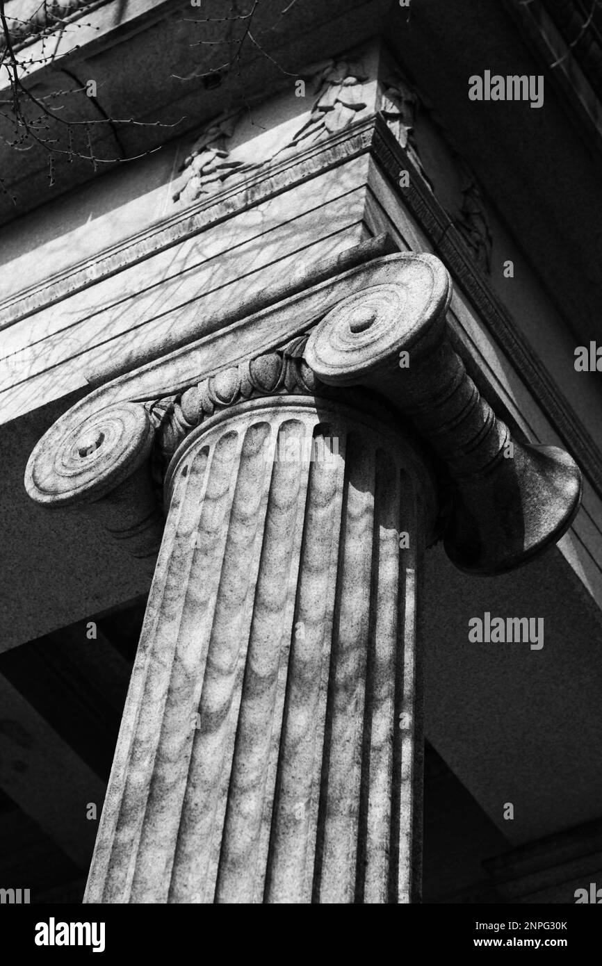 A traditional classical Greek column and scroll capital in a black and ...