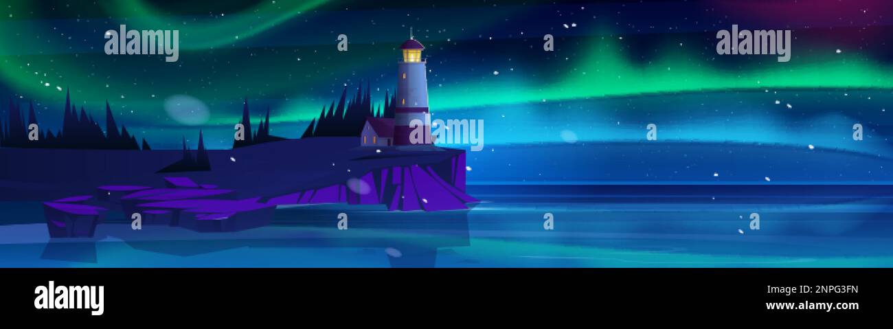 Lighthouse on sea coast. Starry night landscape of ocean beach with ...