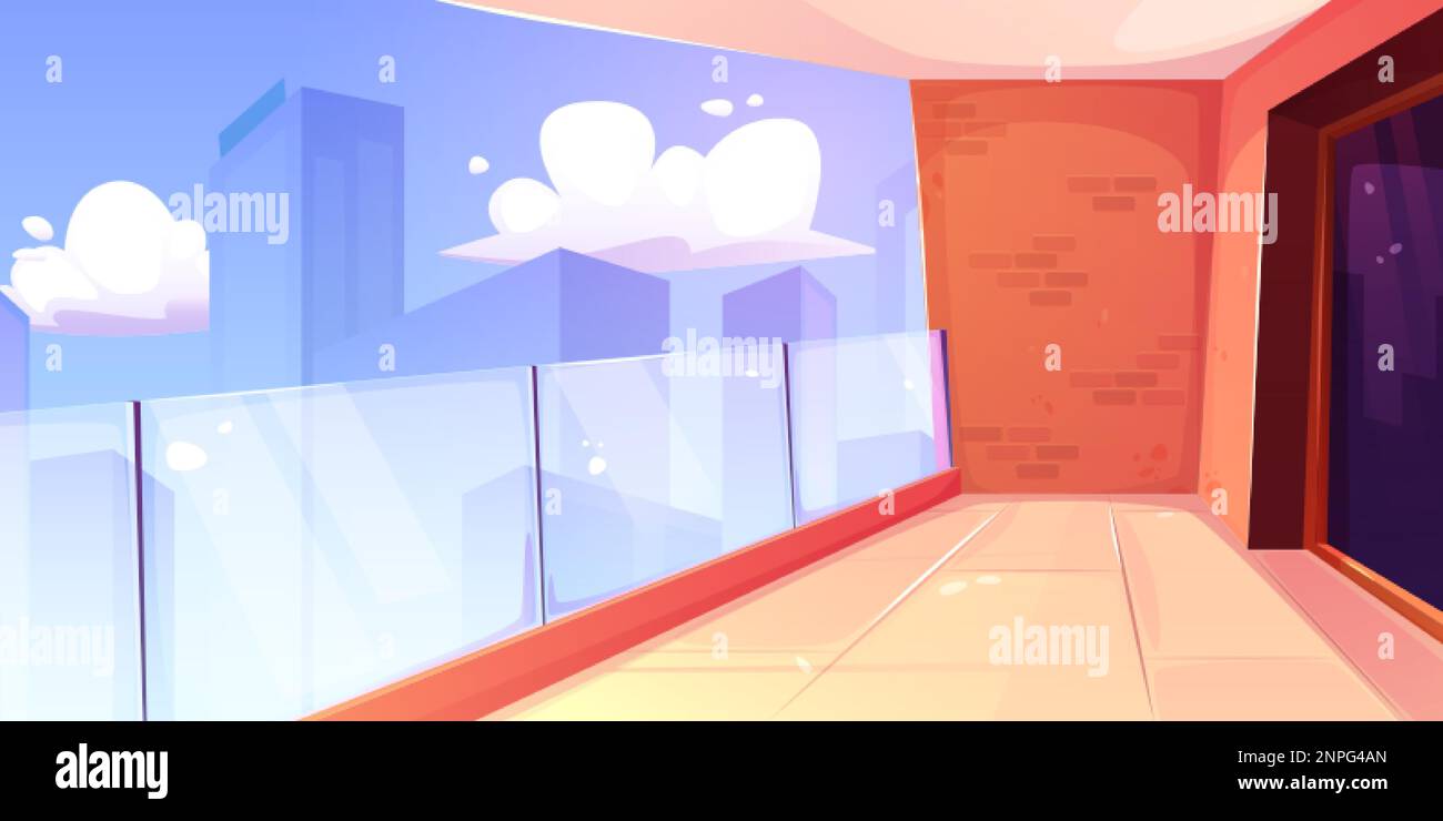 Open empty balcony interior with brick wall and skyscraper view ...