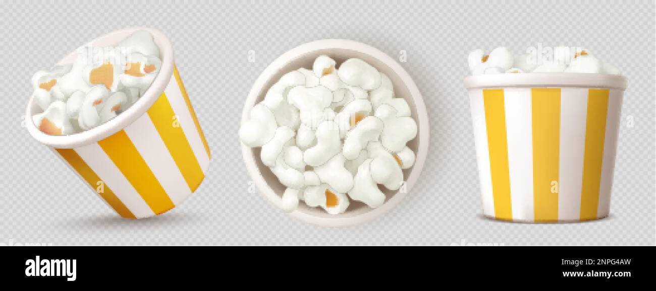 3D set of full popcorn bucket top and side view. Realistic vector ...
