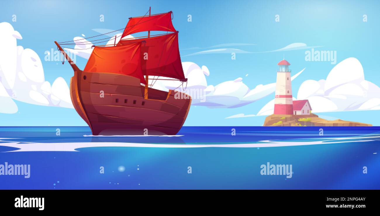 Sea landscape with lighthouse on island and ship with red sail. Cartoon ...