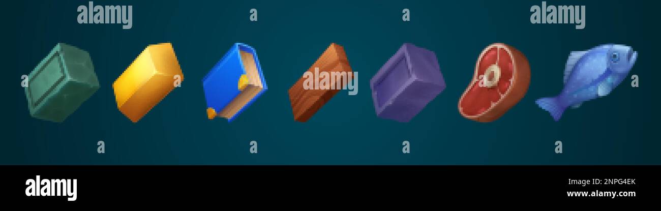 Game icons of food, stone, wood, gold and book. Resources and loot with ...