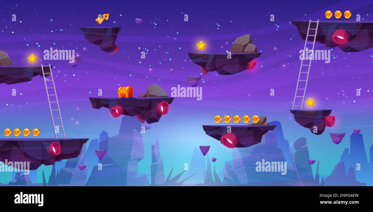 Vector game space background landscape. Cartoon planet in galaxy for arcade videogame. 2d ui ...