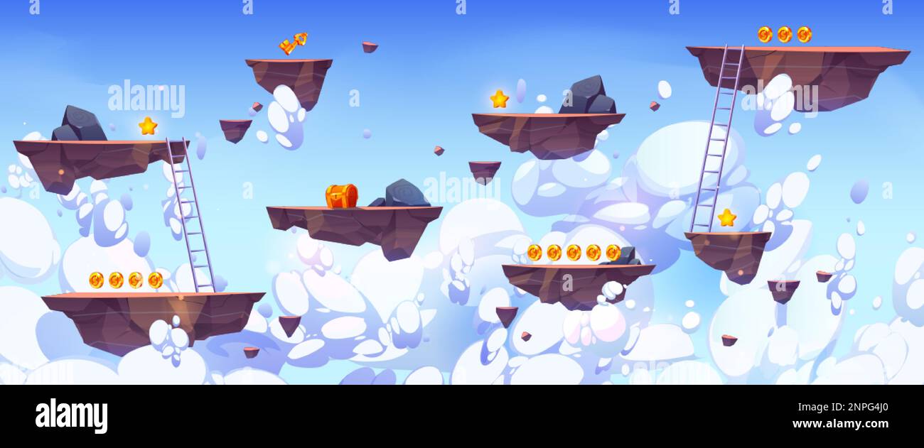 Flying rock islands vector game background sky landscape. 2d ui level ...