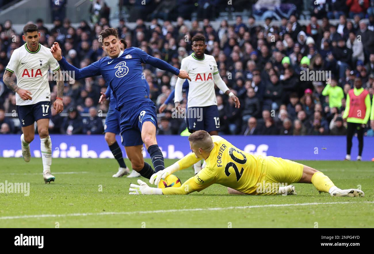 London, UK. 26th Feb, 2023. Fraser Forster of Tottenham saves at the ...