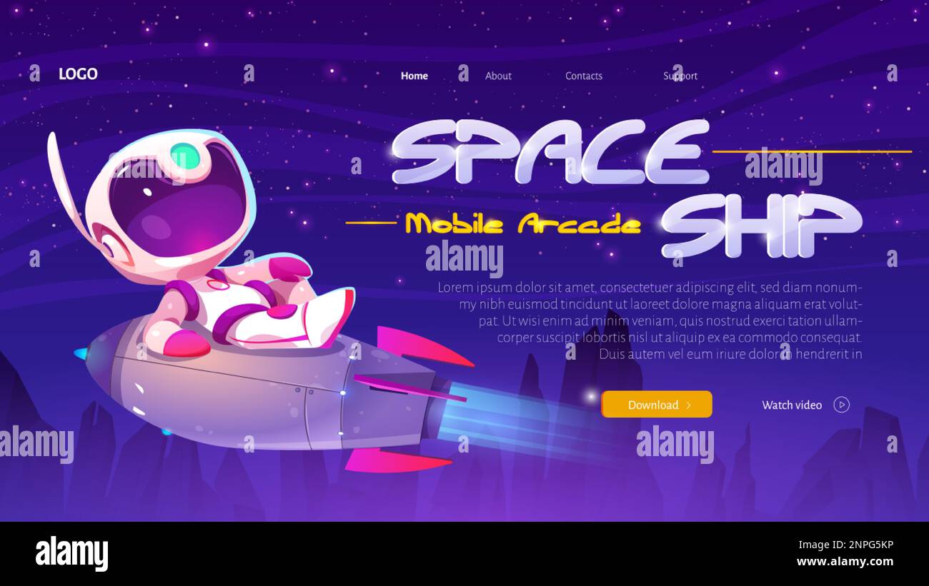 Cute cartoon astronaut flying on rocket in space, mobile arcade landing ...