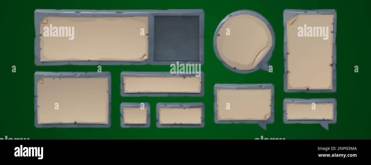 Game dialogue boxes, speech bubbles and frames for text. Banners with ...