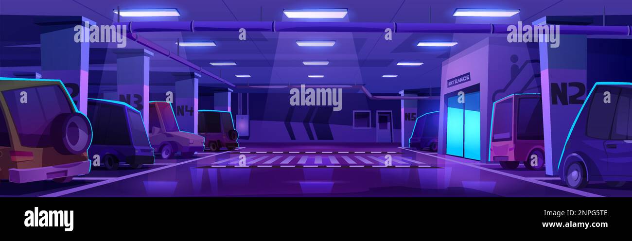 Underground car garage with entrance to mall vector illustration. Full ...