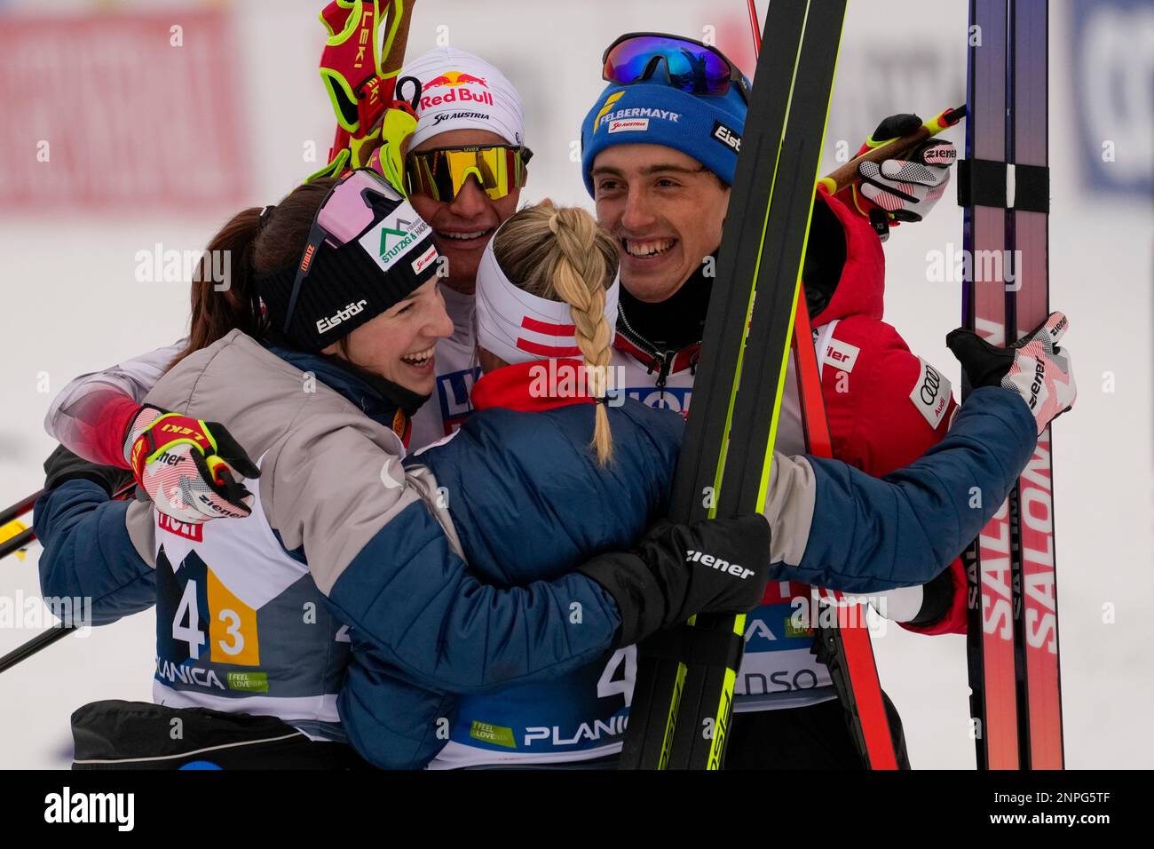 Team Austria celebrates their third place in the Nordic Combined Mixed ...