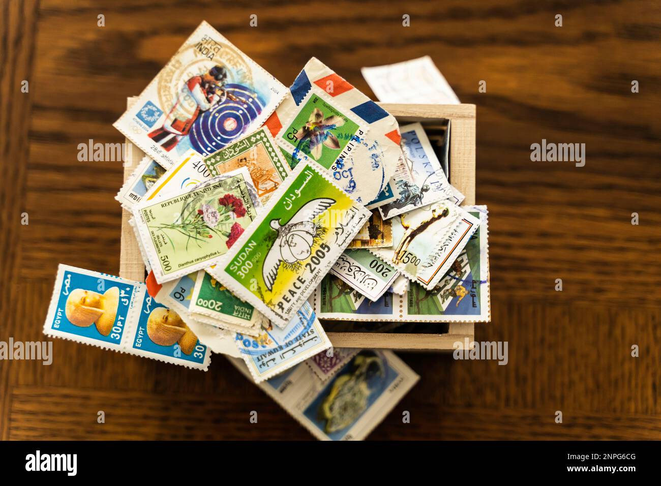 April 16 2019 - Calgary Alberta Canada - Box full of used postage ...